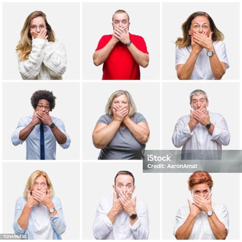 젊은의 그룹의 콜라주 중간 나이 및 고위 사람들에 고립 된 배경 충격은 손으로 입을 덮고 실수로 비밀 개념입니다 가리기에 대한 스톡 사진 및 기타 이미지 Istock