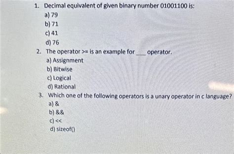Solved 1 Decimal Equivalent Of Given Binary Number 01001100