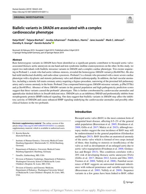 Biallelic Variants In Smad6 Are Associated With A Complex Cardiovascular Phenotype Request Pdf
