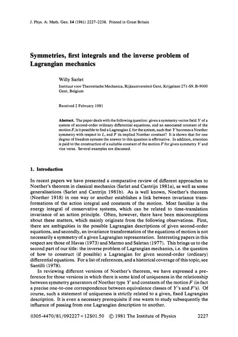 pdf symmetries first integrals and the inverse problem of lagrangian