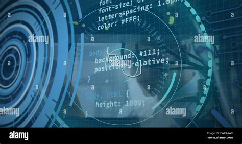 image of processing circle and binary code over hands of caucasian male