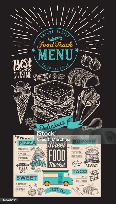 식품 트럭 메뉴 칠판 배경에 거리 축제에 대 한 손으로 그린 그래픽 일러스트와 함께 서식 파일을 디자인 합니다 푸드 트럭에 대한 스톡 벡터 아트 및 기타 이미지 Istock