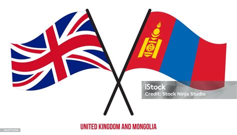 영국과 몽골 국기가 교차하고 평평한 스타일로 흔들립니다 공식 비율 올바른 색상 Mongolian Flag에 대한 스톡 벡터 아트