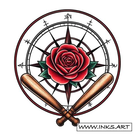 Tattoo Design Rose Compass Broken Baseball Bats Style Neotraditional
