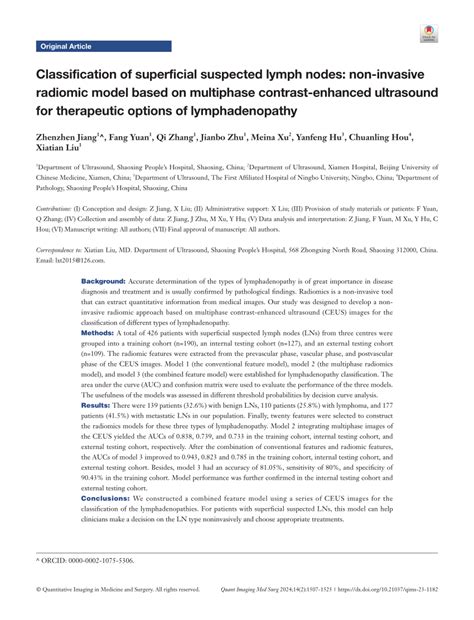 Pdf Classification Of Superficial Suspected Lymph Nodes Non Invasive Radiomic Model Based On