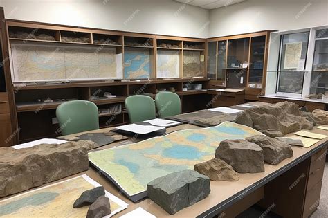 Premium Photo Depict A Section Of The Lab Focused On Geology With Rock Samples And Geological Maps