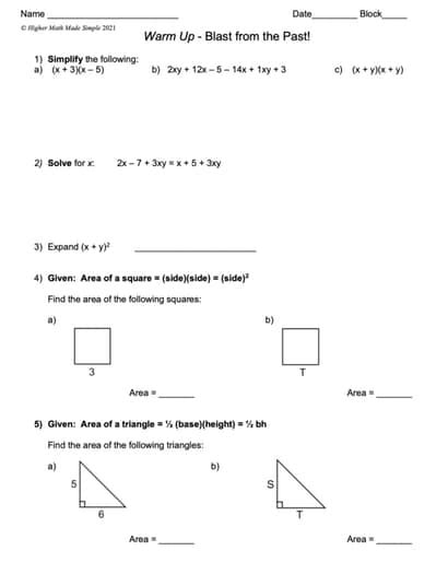 Derive Pythagorean Theorem Formula Discovery Proof Worksheet Warm Up
