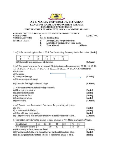 Eco 305 Examination 2024 Pdf Statistics Mean