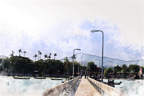 수채화 일러스트 페인팅 배경에 푸켓 태국에서 추상적 인 다채로운 산과 바다 풍경 0명에 대한 스톡 사진 및 기타 이미지 0명 경관 구름 Istock