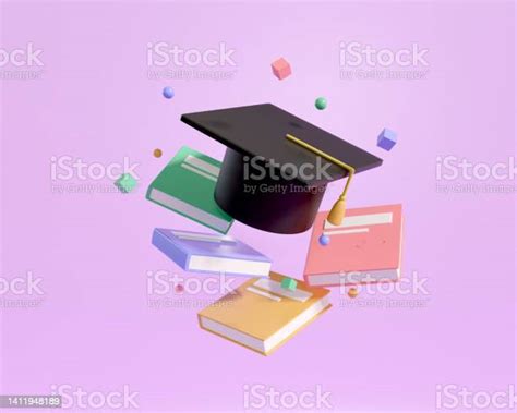 책과 학위 모자가있는 3d 교육 지식 학습 개념 성공적인 교육을 축하드립니다 학교 개념에 대한 연구 3d 렌더링 일러스트 만화 최소 스타일 졸업식에 대한 스톡 벡터 아트 및