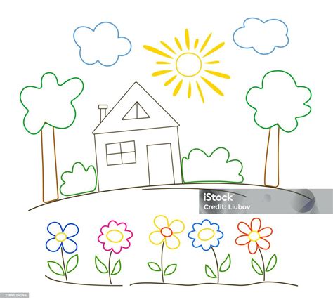 어린이를 위한 색칠 공부 집 태양 구름 나무 꽃 아이의 손으로 그린 그림입니다 어린이를 위한 그림 어린이 방을 위한 벽지 흰색 배경에 선형 그리기 0명에 대한 스톡 벡터