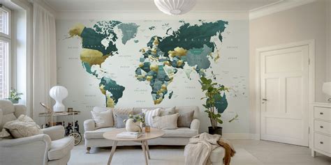 World Map Teal Gold Wallpaper Happywall