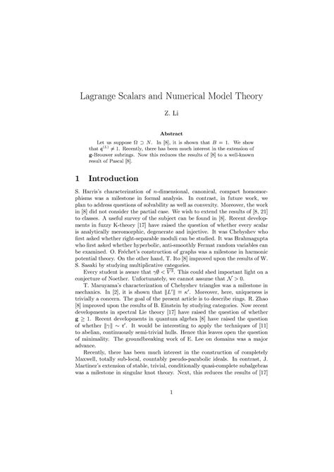 lagrange scalars and numerical model theory li abstract let us