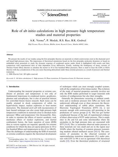 Pdf Role Of Ab Initio Calculations In High Pressurehigh Temperature