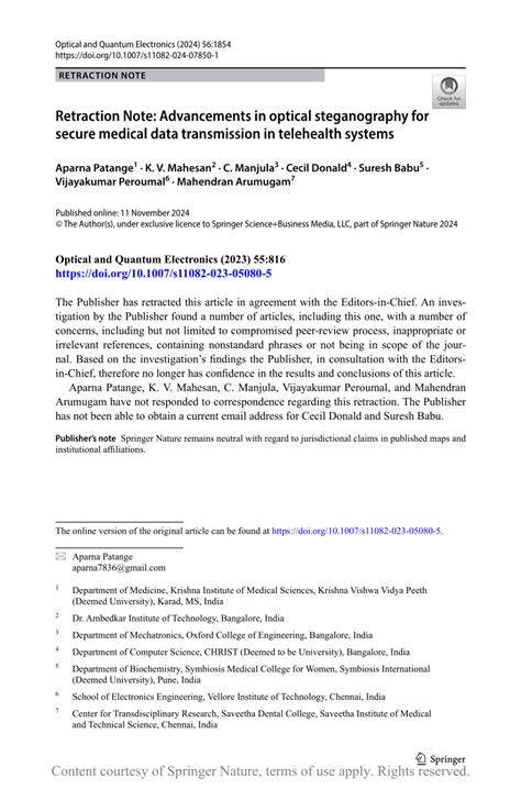 Retraction Note Advancements In Optical Steganography For Secure