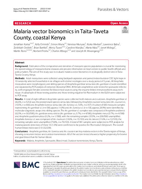 Pdf Malaria Vector Bionomics In Taita Taveta County Coastal Kenya