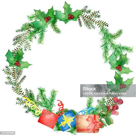 수채화 손 그린 자연 휴일 축하 새해 원 화환 프레임 녹색 크리스마스 트리 전나무 분기 호랑 가시 나무 빨간 열매와 잎과 초대 엽서 에 대한 빨간색과 파란색 선물 상자 0