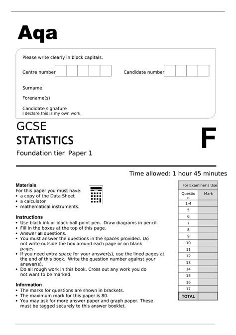 Aqa Gcse Statistics 8382 1f Foundation Tier Paper 1 Question Paper June 2022 Final Gcse