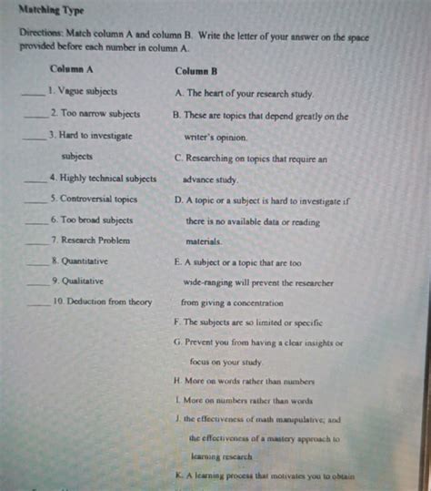 Matching Type Directions Match Column A And StudyX