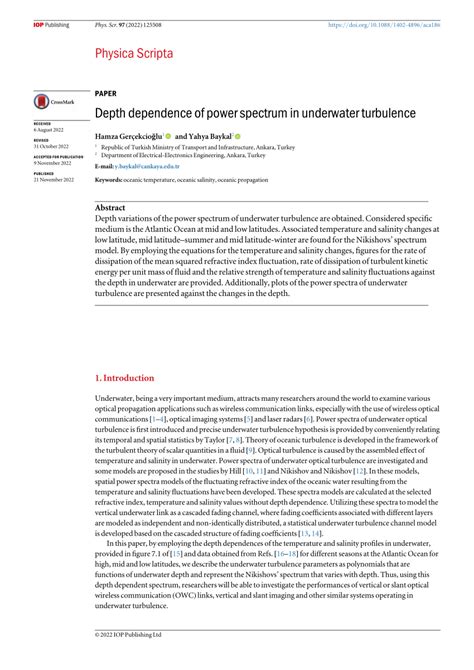 Depth Dependence Of Power Spectrum In Underwater Turbulence Request Pdf
