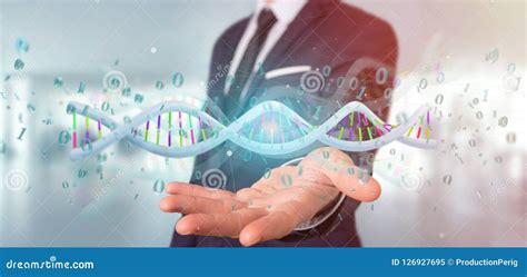 Businessman Holding A 3d Rendering Data Coded Dna With Binary File