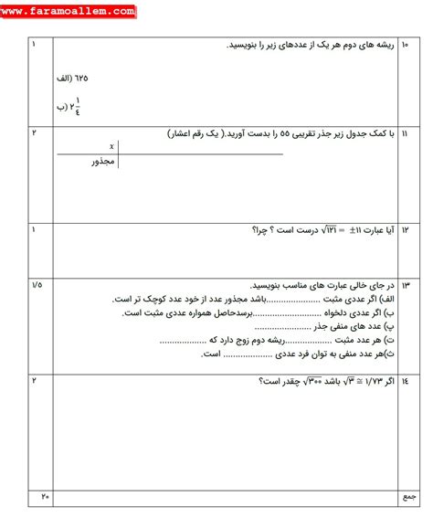 نمونه سوال ریاضی هفتم فصل 7 با جواب صفحه 3 فرامعلم 📚⭐️