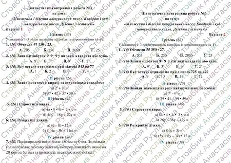 НУШ 5 клас Діагностична контрольна робота на тему Множення і ділення натуральних чисел Квадрат
