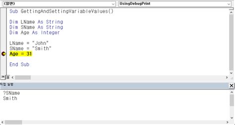 vba debug print와 직접 실행 창 automate excel