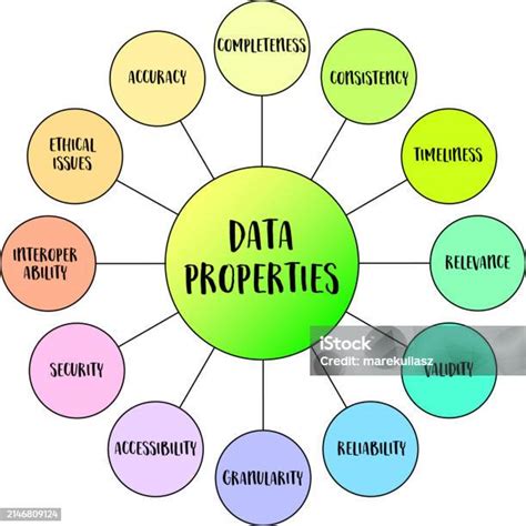 데이터 속성 마인드 맵 인포그래픽 분석 해석 및 의사 결정 목적을 위한 품질 유용성 및 관련성을 정의하는 데이터의 특성 또는 속성 0명에 대한 스톡 벡터 아트 및 기타