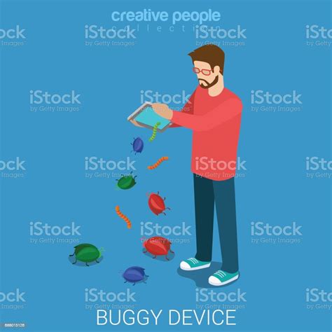 프로세스를 디버깅 하는 버그가 장치 평면 3d 아이소메트리 Isometric 기술 개념 웹 벡터 일러스트 레이 션 젊은 남자