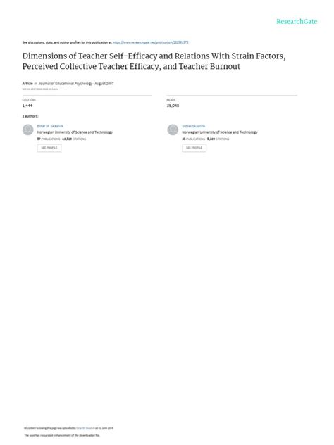 Dimensions Of Teacher Self Efficacy Pdf Self Efficacy Teachers
