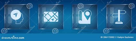 Set Map Marker With Human Gps Device Map Folded Location And Road Traffic Sign Square Glass