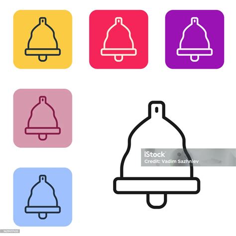 흰색 배경에 격리된 검은색 선 교회 종 아이콘 알람 기호 서비스 벨 핸드벨 기호 알림 기호 색상 사각형 버튼으로 아이콘을