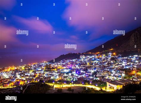 Chefchaouen Morocco Blue City In Night Lights Of The Old Walled City