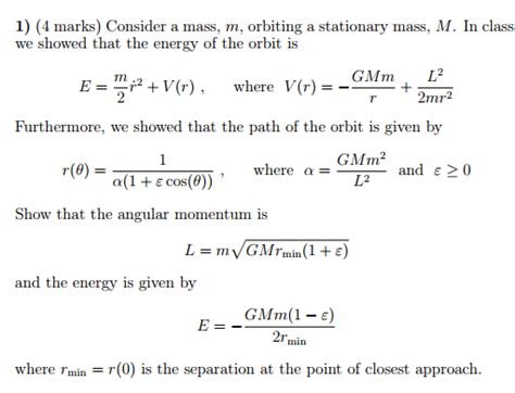 Solved Consider A Mass M Orbiting A Stationary Mass M In