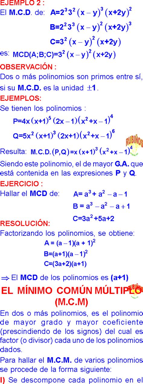 MCD Y MCM DE POLINOMIOS EJERCICIOS RESUELTOS MÁXIMO COMÚN DIVISOR Y MÍNIMO COMÚN MÚLTIPLO