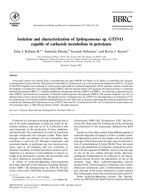 Pdf Isolation And Characterization Of Sphingomonas Sp Gtin11 Capable Of Carbazole Metabolism