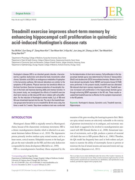 Pdf Treadmill Exercise Improves Short Term Memory By Enhancing Hippocampal Cell Proliferation