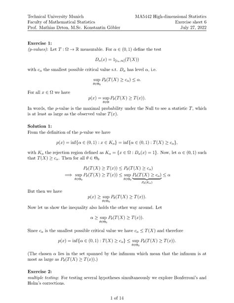 High Dimensional Statistics Exercise Sessions Faculty Of Mathematical