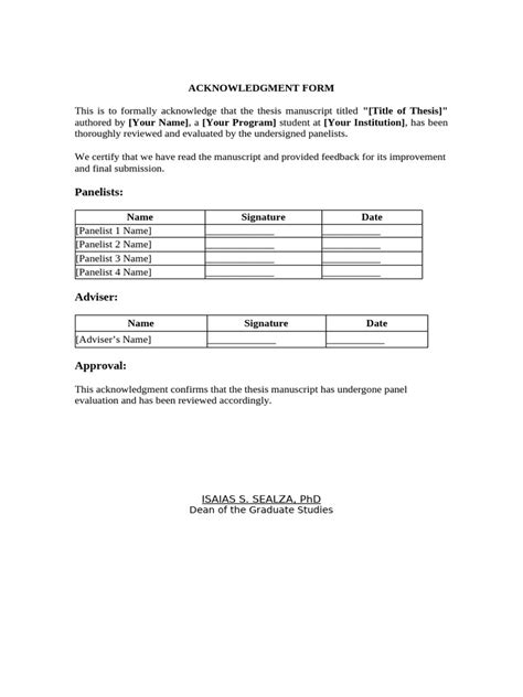 Acknowledgment Form For Thesis Pdf