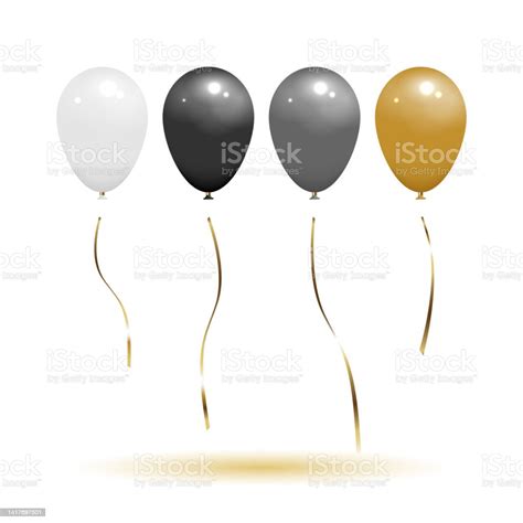 흰색 검은 색 은색 금색의 풍선과 4 가지 스타일의 금색 리본이 분리되어 있습니다 그림자가있는 흰색 배경에 격리 된 모형 템플릿 객체 사실적인 3d 벡터 일러스트레이션 검은