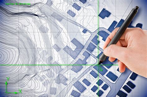 Dwg 형식 파일에서 Cad 컴퓨터 소프트웨어로 그려진 건물과 도로와 영토의 가상 의 지적지도 위에 디지털 펜으로 그리기 건축가