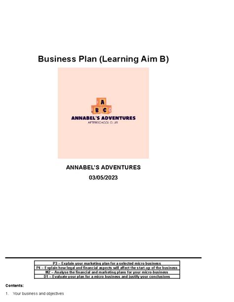 Unit LAB Distinction Example Business Plan Learning Aim B ANNABELS ADVENTURES P