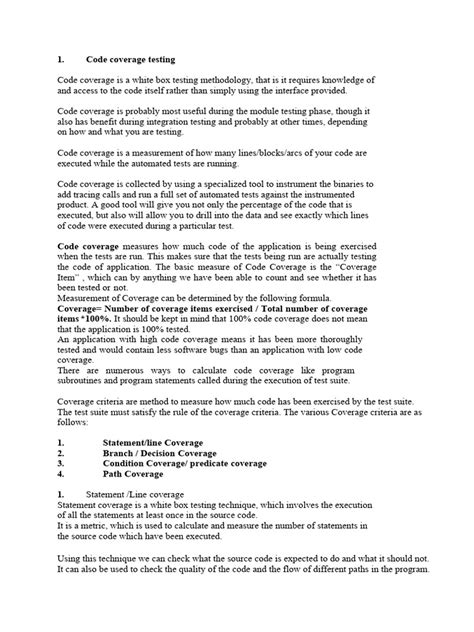 Code Coverage Testing Line Or Statement Coverage Pdf Systems