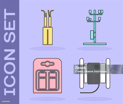 릴 또는 드럼의 와이어 전기 케이블 전기 케이블 팩의 배터리 및 고전압 전봇대 라인 아이콘을 설정합니다 벡터 구리에 대한 스톡 벡터 아트 및 기타 이미지 Istock