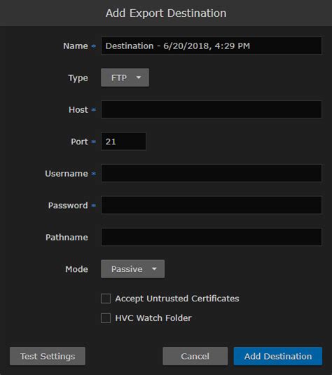Adding Export Destinations