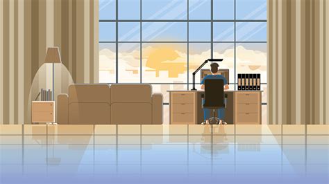 시간이 지남에 따라 열심히 일하는 프리랜서 라이프 스타일 개념 집 직장에서 데스크톱 컴퓨터에서 집에서 작업 이른 아침 일출에