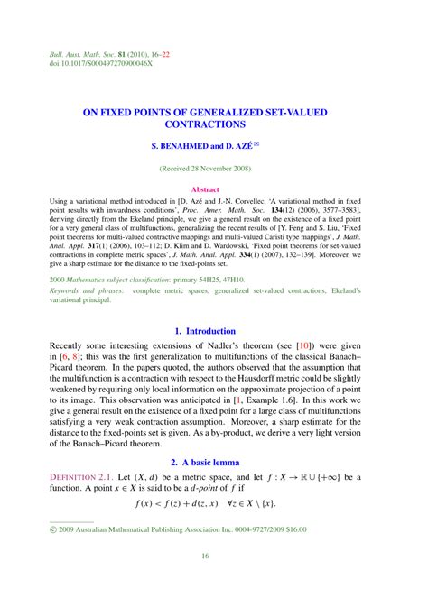 PDF On Fixed Points Of Generalized Set Valued Contractions