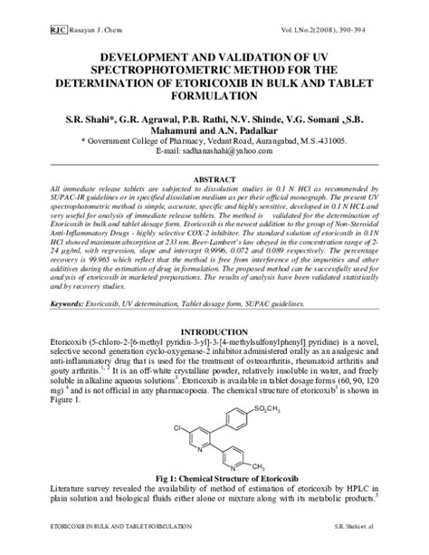 Pdf Uv Method For Etoricoxib Analysis In Tablets