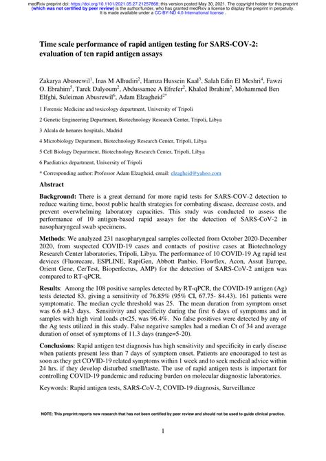 Pdf Time Scale Performance Of Rapid Antigen Testing For Sars Cov 2